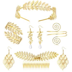 sailimue 6pcs greek goddess costume accessories set women golden laurel leaves crown tiara leaf headband armband coil bracelet pearl leaf dangle earring bridal hair comb wedding headpiece toga