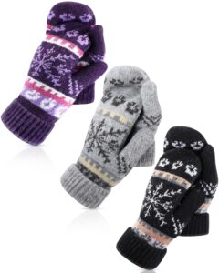 vicenpal 3 pairs women's winter gloves warm lining mittens knit thick wool gloves knit mittens for winter cold weather (purple, gray, black)