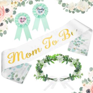 4 Pieces Flowers Leaves Mom to Be Sash Neutral Sage Green Crown Kit Include Gold Glitter Letters Sash, Mom to Be & Dad to Be Corsage and Headband Keepsake Decoration (Leaf Style)