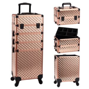 adazzo 4 in 1 rolling makeup case cosmetic train case trolley roll travel box for makeup artist, hairstylists, nail tech makeup cart with key swivel wheels barber case traveling trunk rose gold