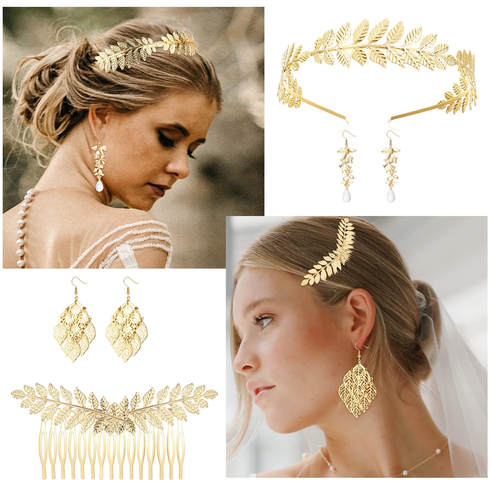 SAILIMUE 6Pcs Greek Goddess Costume Accessories Set Women Golden Laurel Leaves Crown Tiara Leaf Headband Armband Coil Bracelet Pearl Leaf Dangle Earring Bridal Hair Comb Wedding Headpiece Toga