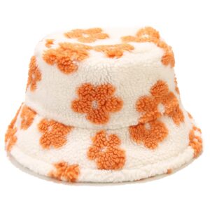 winter warm plush fuzzy bucket hat faux fur daisy flowers shearling fisherman hats for women (us, alpha, one size, white)