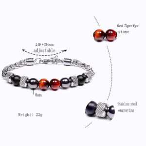 Auoy Dhof Tiger Eye Bracelet Beaded Couple Bracelet for Women and Men Titanium Steel Chain Adjustable 8 mm (Red)