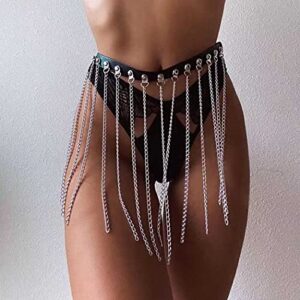 bounzhi tassel punk waist body chain skirts leather belly chain belts rave body jewelry for women and girls (black)