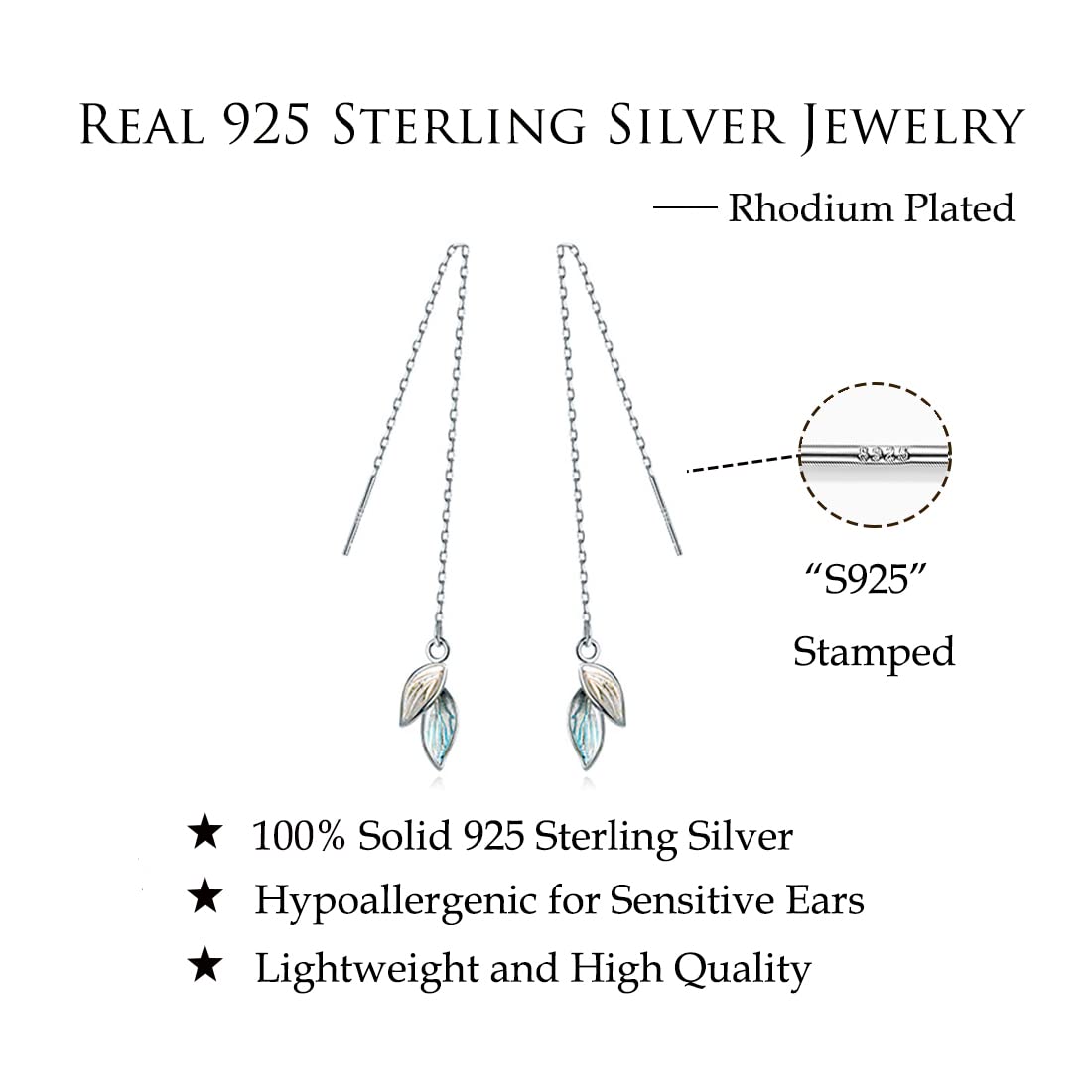 Reffeer Solid 925 Sterling Silver Leaf Chain Dangle Earrings Threader for Women Teen Girls Leaf Dangle Drop Earrings Tassel (A-Silver)