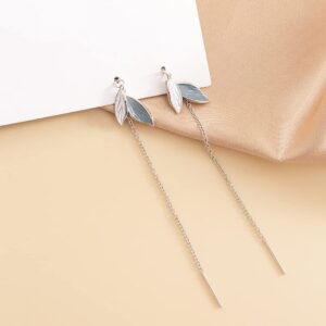 Reffeer Solid 925 Sterling Silver Leaf Chain Dangle Earrings Threader for Women Teen Girls Leaf Dangle Drop Earrings Tassel (A-Silver)