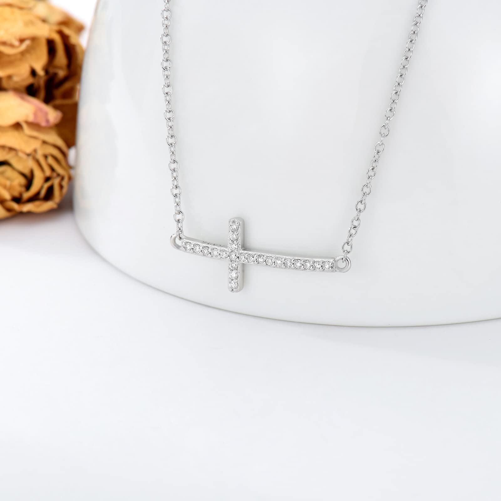 Sterling Silver Diamond Cross Pendant Necklace (1.1cttw), Sideways Cross Choker Necklace for women, 16 inches to 18 inches