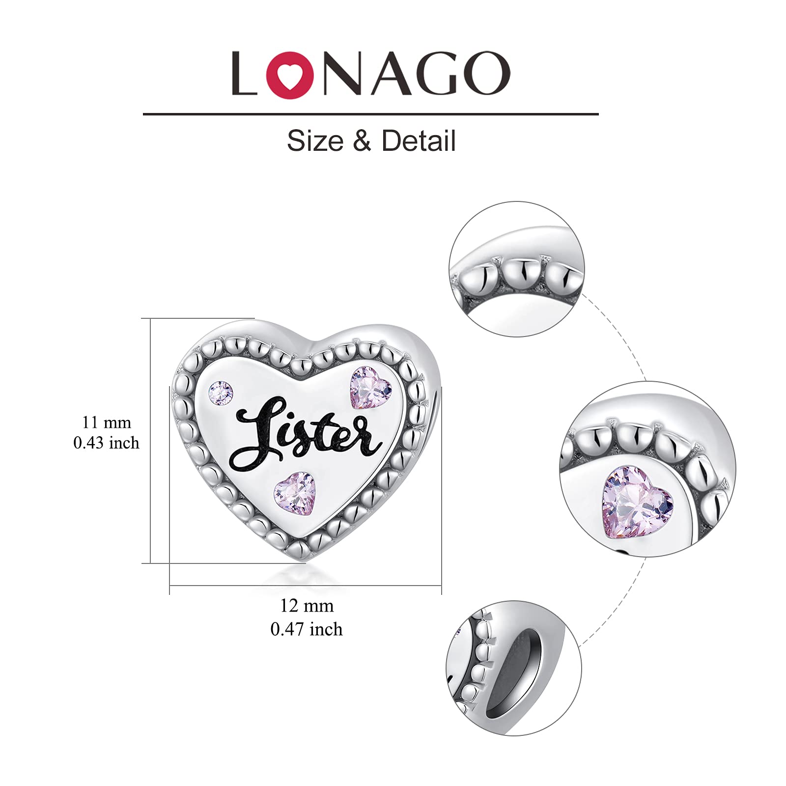 LONAGO Forever Sister Charm Personalized Photo Picture Sister's Love Heart CharmSterling Silver Fit Snake Bracelet Customized Image Bead for Women