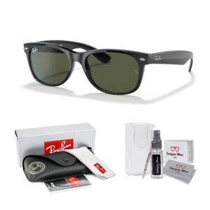 Ray-Ban RB2132 NEW WAYFARER Square Sunglasses For Men For Women + BUNDLE with Designer iWear Eyewear Kit (Rubber Black on Black/Crystal Lens G-15 Green, 55MM)