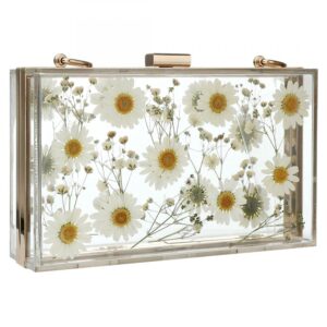 clear acrylic purses and handbags with dried flowers for women box clutch elegant banquet evening crossbody handbag (white b)