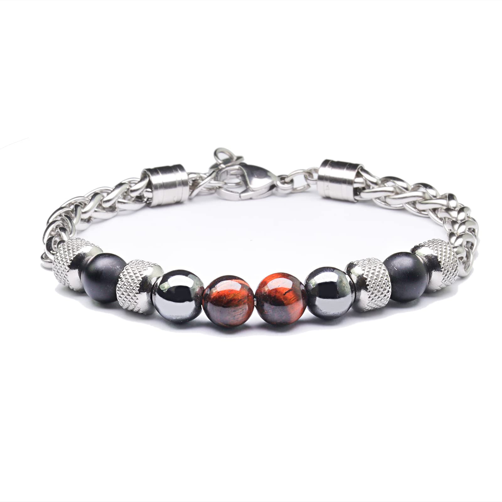 Auoy Dhof Tiger Eye Bracelet Beaded Couple Bracelet for Women and Men Titanium Steel Chain Adjustable 8 mm (Red)