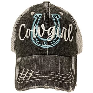 may & gray women's cowgirl distressed baseball hat (grey/light teal)