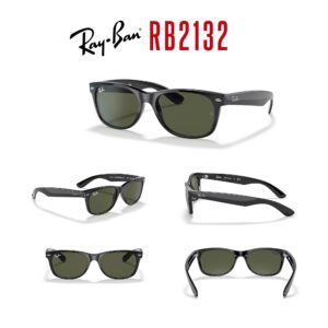 Ray-Ban RB2132 NEW WAYFARER Square Sunglasses For Men For Women + BUNDLE with Designer iWear Eyewear Kit (Rubber Black on Black/Crystal Lens G-15 Green, 55MM)