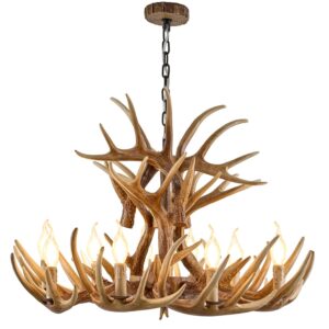 hubrin rustic antler chandelier 9-light, farmhouse deer antler chandelier lighting, retro antler light fixtures, brown e12 for home store (9 lamp arms + 6arms)