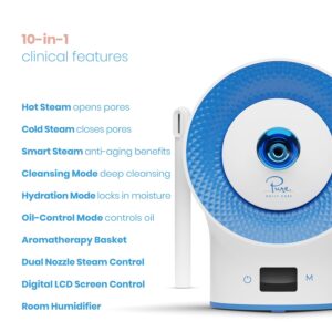 NanoSteamer Clinical - 10-in-1 Smart Steam Dermatologist Grade Ionic Facial Steamer with 2 Multi-Position Steam Nozzles - Digital LCD Screen - Extraction Set - 6 Pre-Programmed Professional Modes