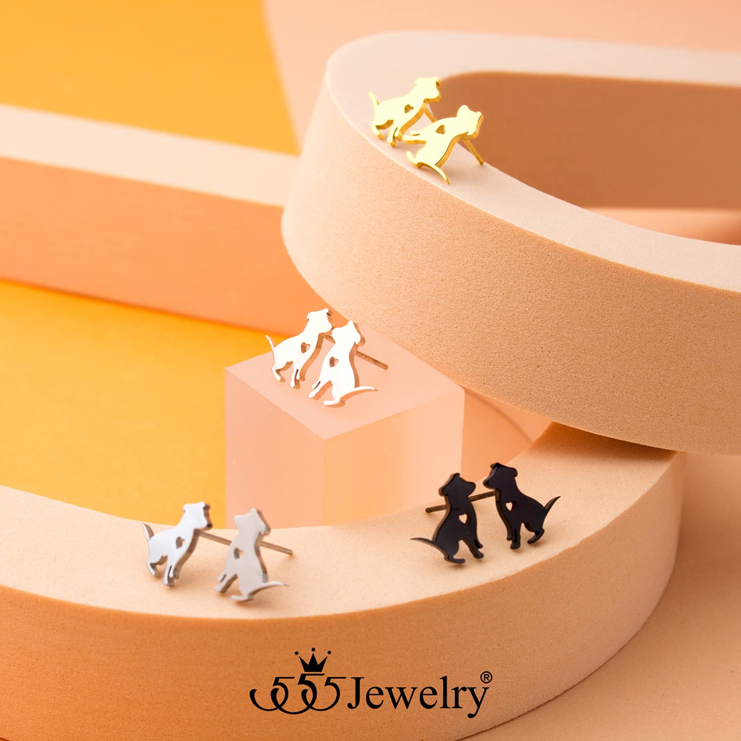 555Jewelry Stainless Steel Small Dog Stud Earrings for Ladies, Hypoallergenic Miniature Dog Earrings for Women, Tiny Stud Doggy Earrings for Women, Small Studs Earrings, Black