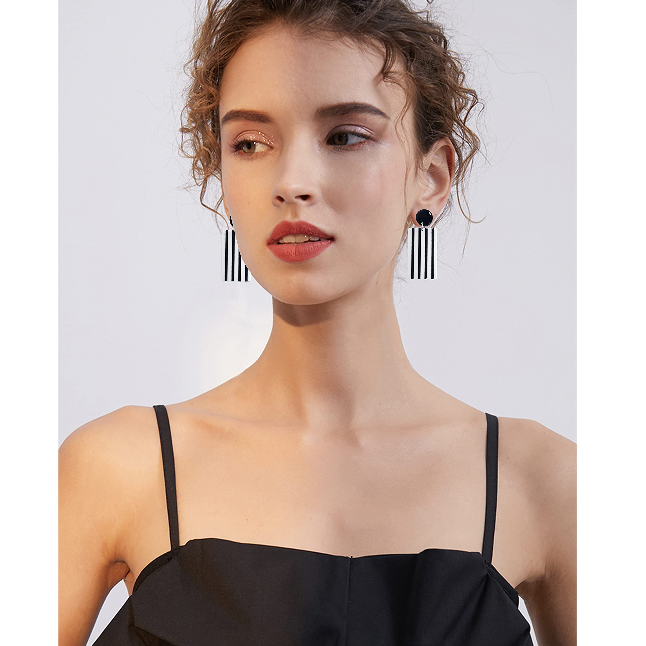 JIUIQL Unique Fashion Elegant 70s 80s Vintage Black White Stripe Long Geometric Drop Earrings Acrylic Resin Rectangle Dangle Earrings for Women Statement Jewelry Gifts (Black 2)