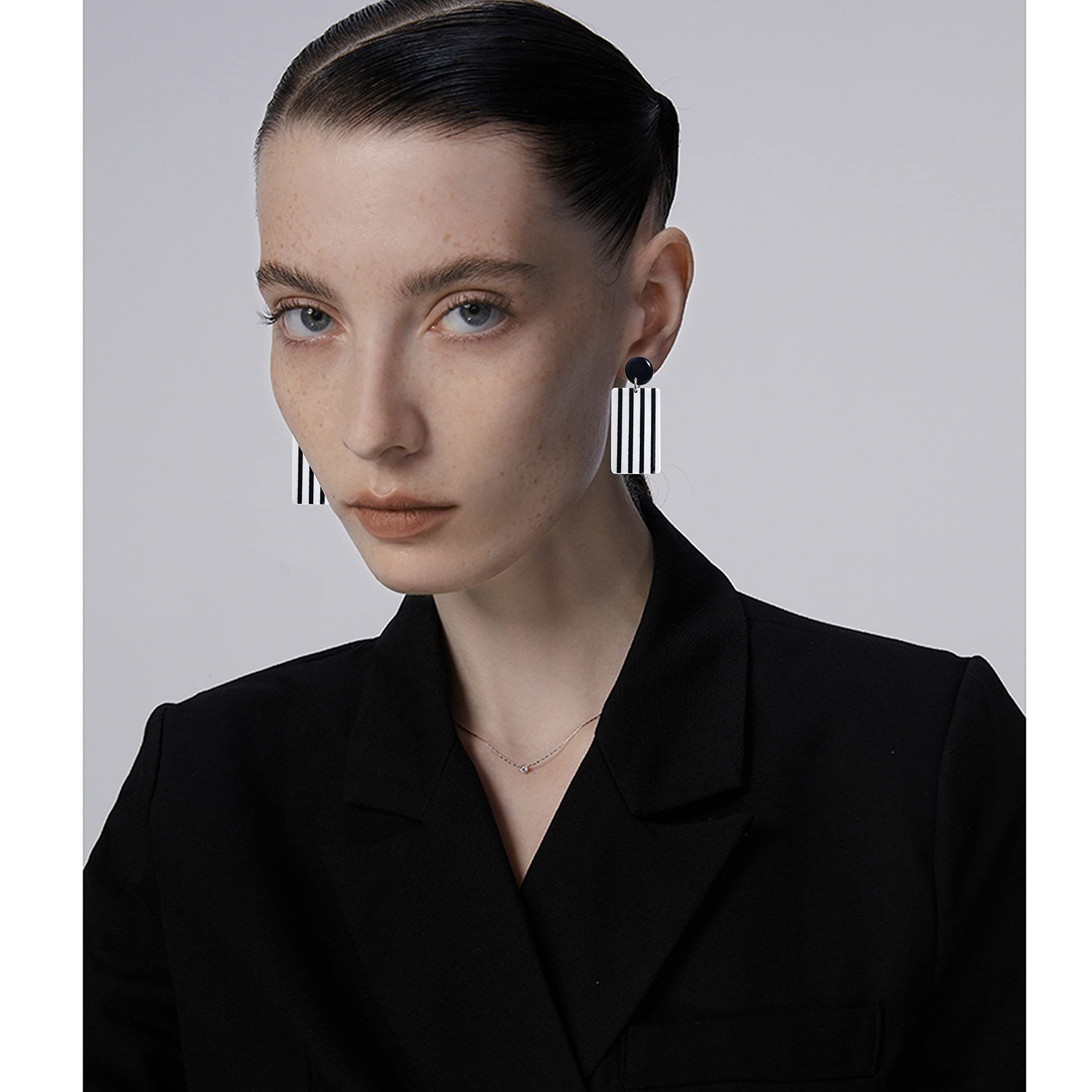 JIUIQL Unique Fashion Elegant 70s 80s Vintage Black White Stripe Long Geometric Drop Earrings Acrylic Resin Rectangle Dangle Earrings for Women Statement Jewelry Gifts (Black 2)