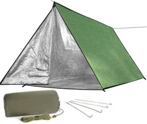 wild must:lyn extra large 3 person reusable survival emergency shelter tent, reflective waterproof fireproof lightweight bugout, with paracord✚stake✚zipper for camping,first aid,hiking&bushcraft