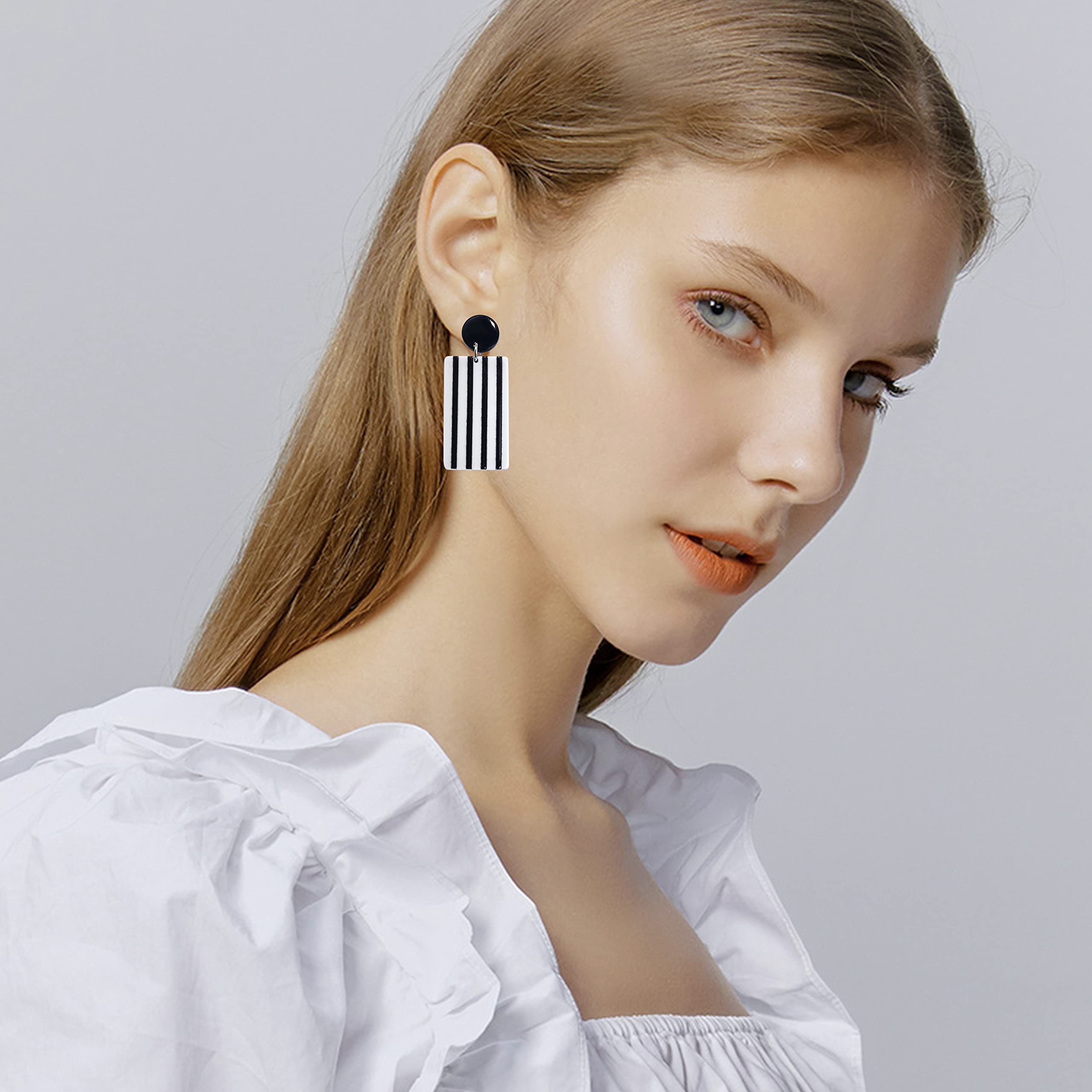 JIUIQL Unique Fashion Elegant 70s 80s Vintage Black White Stripe Long Geometric Drop Earrings Acrylic Resin Rectangle Dangle Earrings for Women Statement Jewelry Gifts (Black 2)