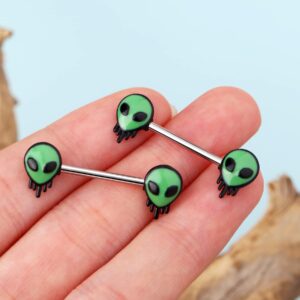 Melighting 2pcs Nipple Ring Alien 14G Surgical Steel Nipple Barbell Nipple Piercing Jewelry Nipple Rings for Women Nipple Bars Body Piercing Jewelry