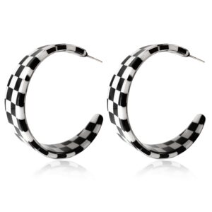 jiuiql unique lightweight minimalist 70s 80s 90s vintage c shaped acrylic resin dangle drop earrings fashion geometric black white grid hoop earrings for women statement jewelry gifts (black)