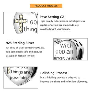 ORANGE FOREST 925 Sterling Silver Cross Charms for Charm Bracelets With God All Things Are Possible Religious Heart Beads Jewelry Gift for Women