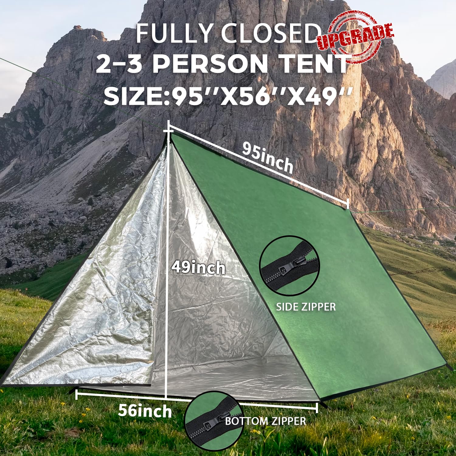 Wild Must:LYN Extra Large 3 Person Reusable Survival Emergency Shelter Tent, Reflective Waterproof Fireproof Lightweight Bugout, with Paracord✚Stake✚Zipper for Camping,First Aid,Hiking&Bushcraft