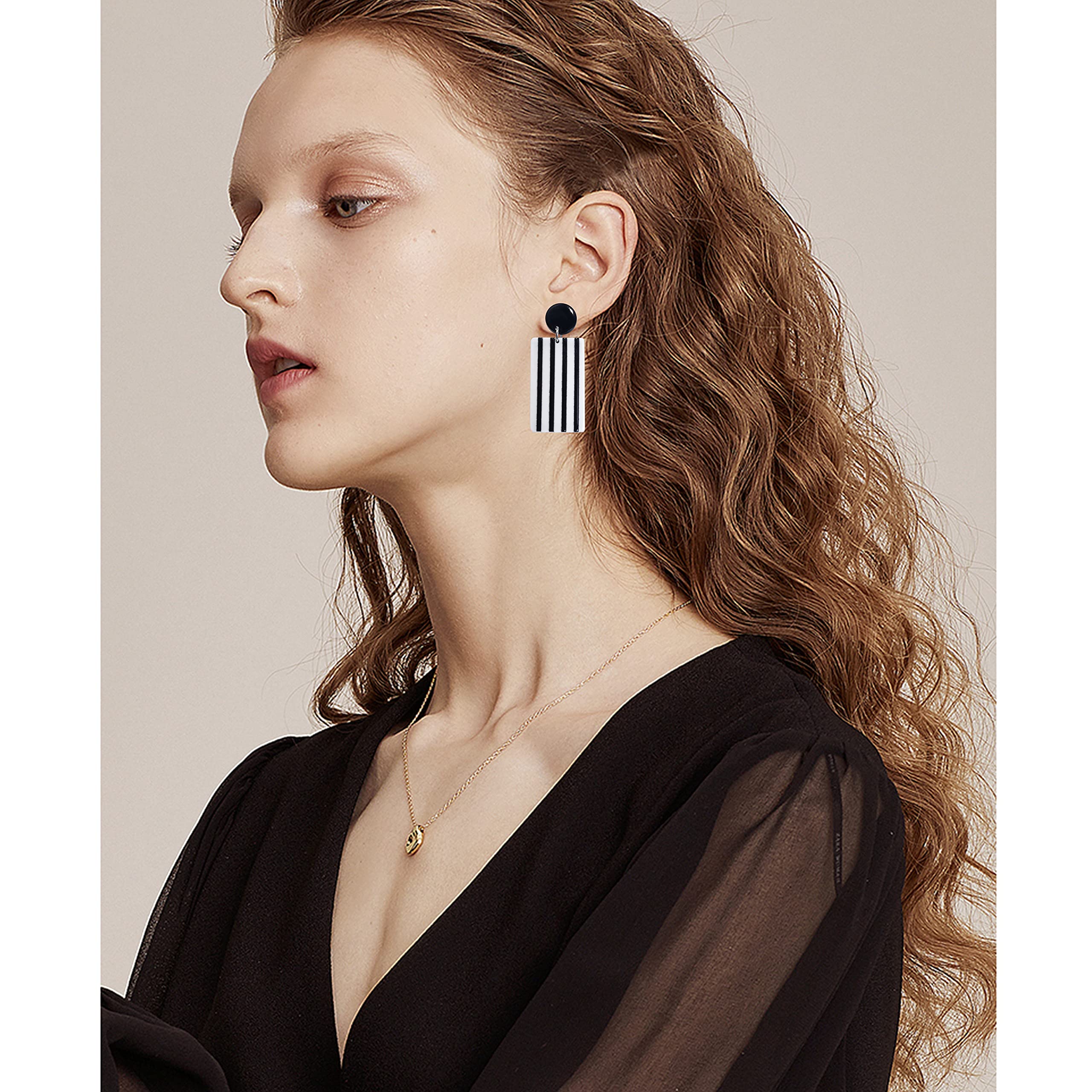 JIUIQL Unique Fashion Elegant 70s 80s Vintage Black White Stripe Long Geometric Drop Earrings Acrylic Resin Rectangle Dangle Earrings for Women Statement Jewelry Gifts (Black 2)