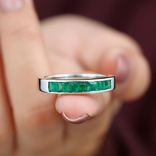 Rosec Jewels Certified Lab Grown Emerald Wedding Band, AAAA Quality, Princess Cut Emerald Anniversary Ring - Ready to Gift, 14K White Gold, Size:US 9.00