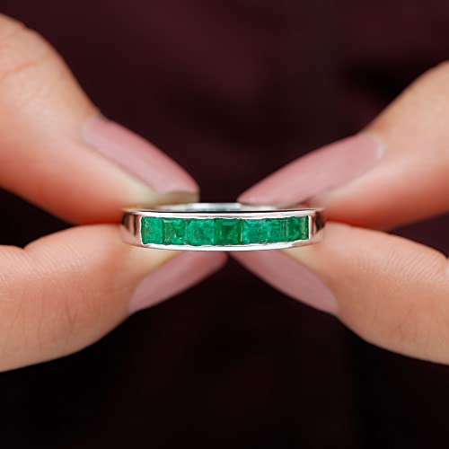 Rosec Jewels Certified Lab Grown Emerald Wedding Band, AAAA Quality, Princess Cut Emerald Anniversary Ring - Ready to Gift, 14K White Gold, Size:US 9.00