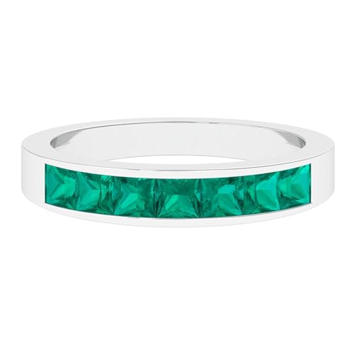 Rosec Jewels Certified Lab Grown Emerald Wedding Band, AAAA Quality, Princess Cut Emerald Anniversary Ring - Ready to Gift, 14K White Gold, Size:US 9.00