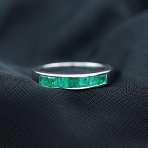 Rosec Jewels Certified Lab Grown Emerald Wedding Band, AAAA Quality, Princess Cut Emerald Anniversary Ring - Ready to Gift, 14K White Gold, Size:US 9.00