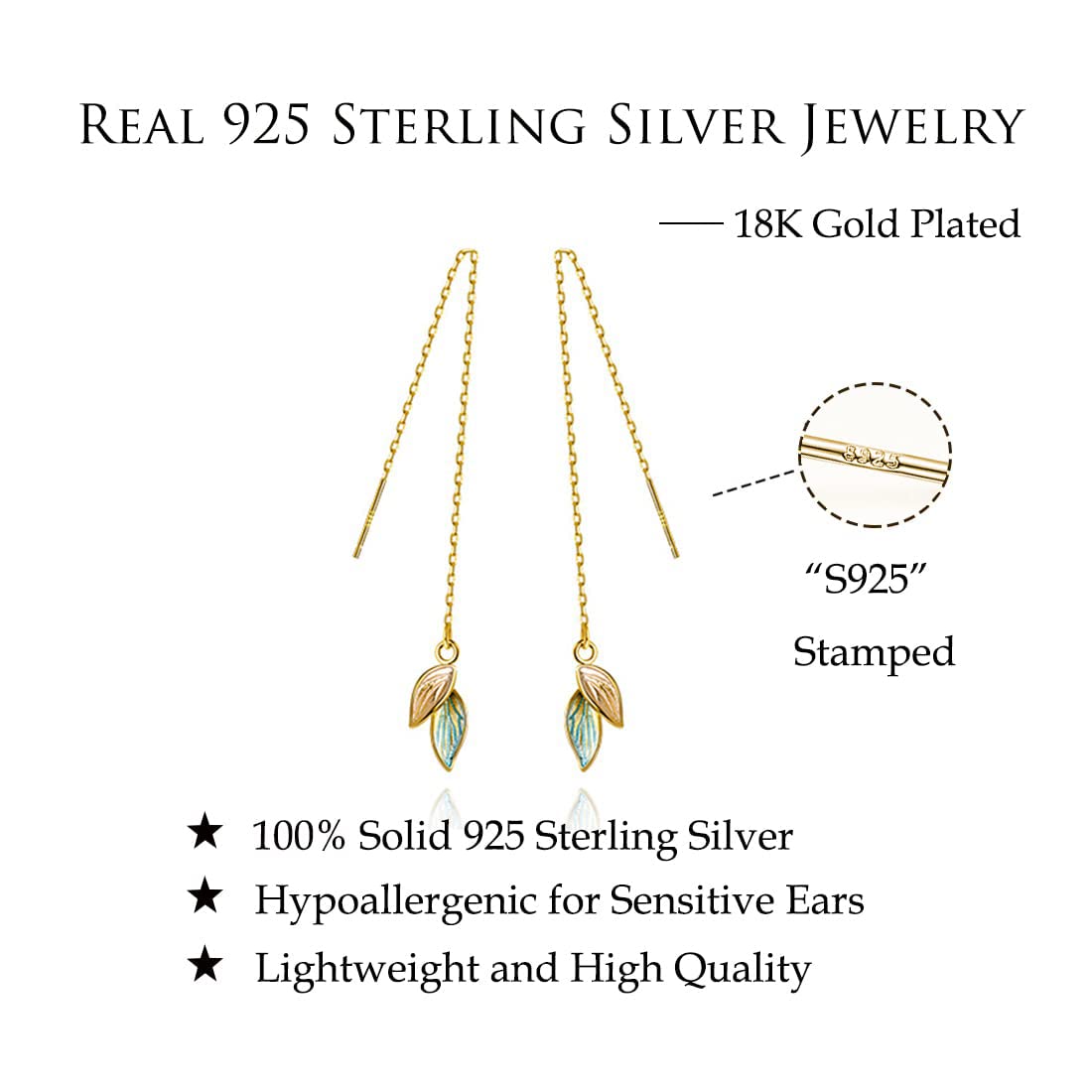 Reffeer Solid 925 Sterling Silver Leaf Chain Dangle Earrings for Women Teen Girls Leaf Dangle Drop Earrings Threader Tassel (B-18K Gold)