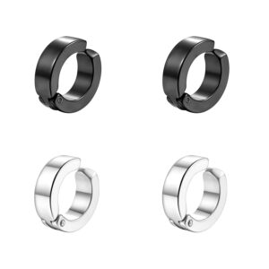 yunxi 2 pairs black silver cuff earrings for men's women punk rock stainless steel circle round shape design hoop earrings (2 pairs- silver+black)