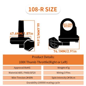 E-Bike 108X Right Thumb Throttle Speed Control 3 Pin Waterproof Connector 12V 24V 36V 48V 72V for Electric Scooters and Bike (108X-R Waterproof Plug)