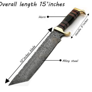 HTK-9228 Custom Handmade Damascus Steel Hunting Tanto Knife 15 Inches Buffalo Horn Handle Ladder pattern Blade with sheath