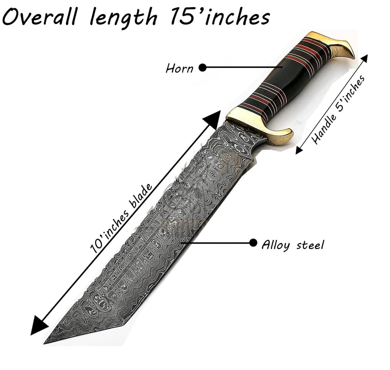 HTK-9228 Custom Handmade Damascus Steel Hunting Tanto Knife 15 Inches Buffalo Horn Handle Ladder pattern Blade with sheath