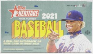 2021 topps heritage high number baseball hobby box (24 packs/9 cards:1 auto/relic)