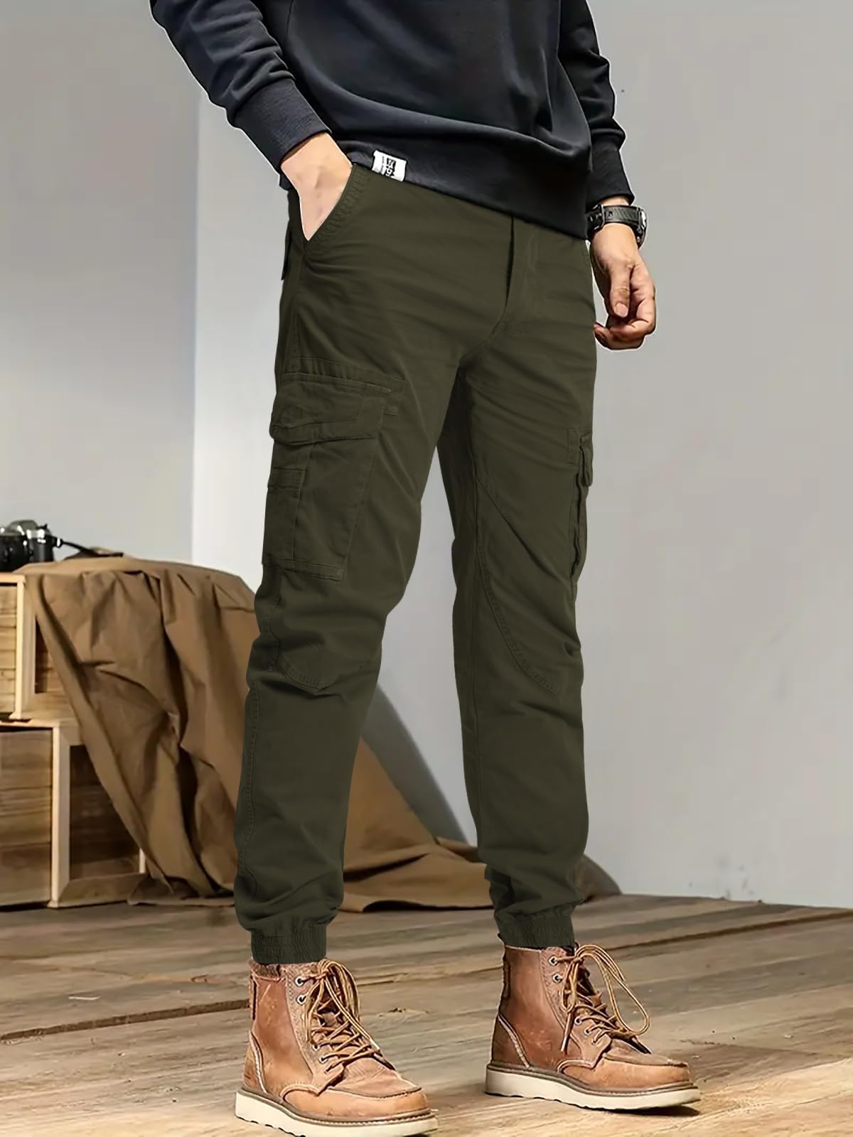 OUTSON Cargo Pants for Men Hiking with Pockets Slim Fit Stretch Work Ripstop Joggers Tactical Pant Construction Pants Green