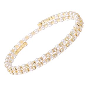 rosemarie & jubalee women's dainty simulated pearl and crystal rhinestone flexible wire coil wrap around cuff bracelet, 13" (gold tone)