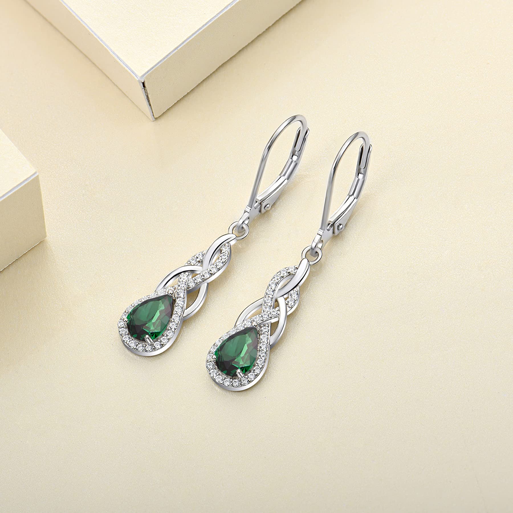 YL Celtic Knot Earrings 925 Sterling Silver Twist Dangle Drop Earring Created Emerald Infinity Leverback Jewelry for Women