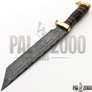 HTK-9228 Custom Handmade Damascus Steel Hunting Tanto Knife 15 Inches Buffalo Horn Handle Ladder pattern Blade with sheath