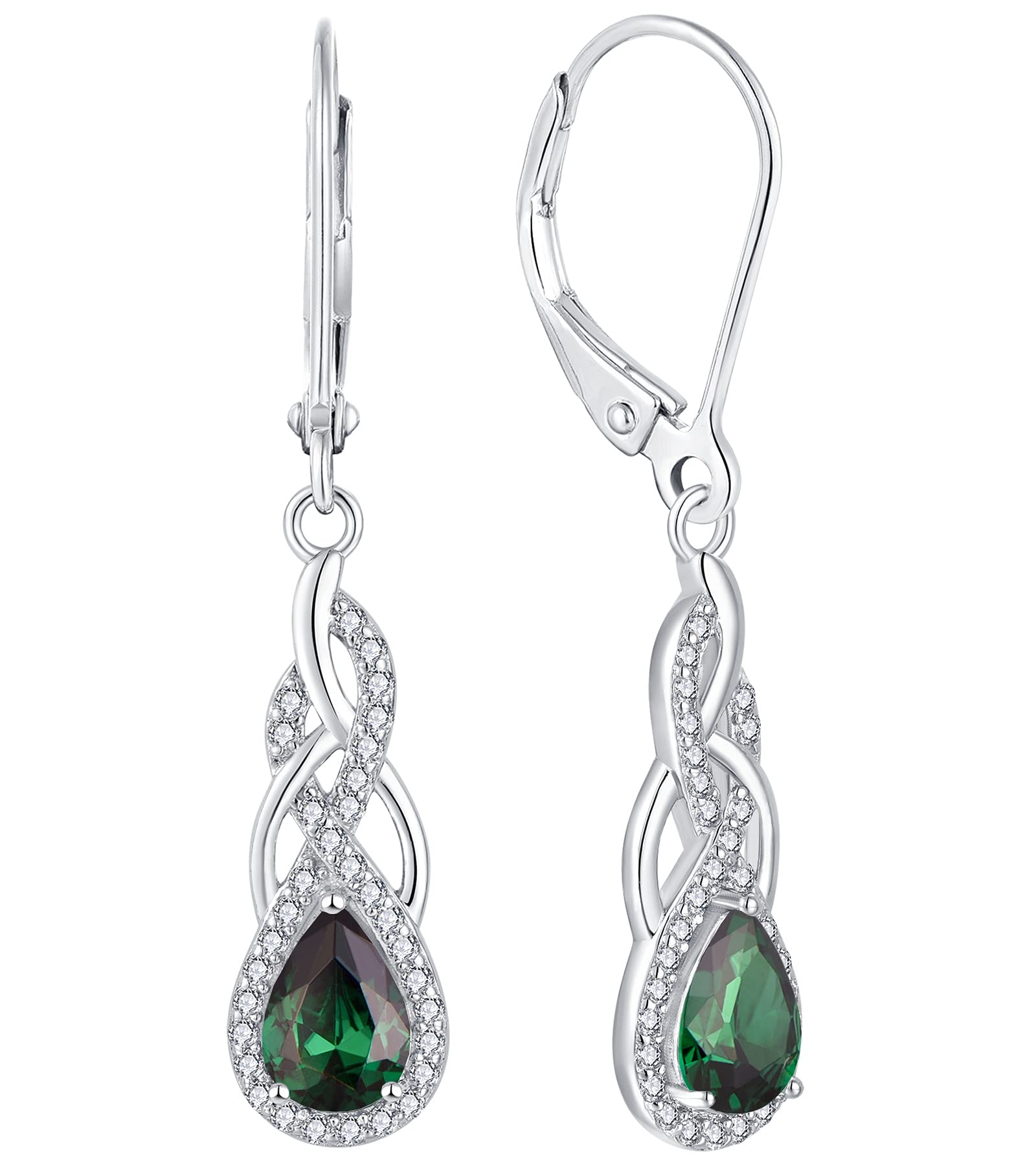 YL Celtic Knot Earrings 925 Sterling Silver Twist Dangle Drop Earring Created Emerald Infinity Leverback Jewelry for Women