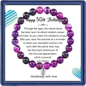 haoze 50th birthday gifts for women, lapis lazuli beads birthday bracelet for woman truning 50 years old jewelry gift for mom sister best friend wife(amethyst)