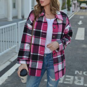 Women Flannel Shirts Plus Size, Women Plaid Long Shirt Button Down Collar Long Sleeve Oversized Shacket Jacket Hot Pink