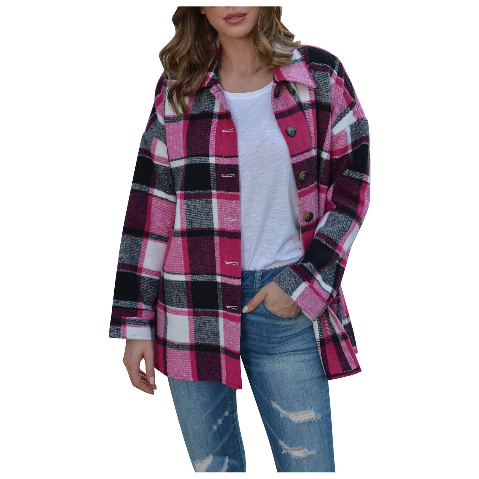 Women Flannel Shirts Plus Size, Women Plaid Long Shirt Button Down Collar Long Sleeve Oversized Shacket Jacket Hot Pink