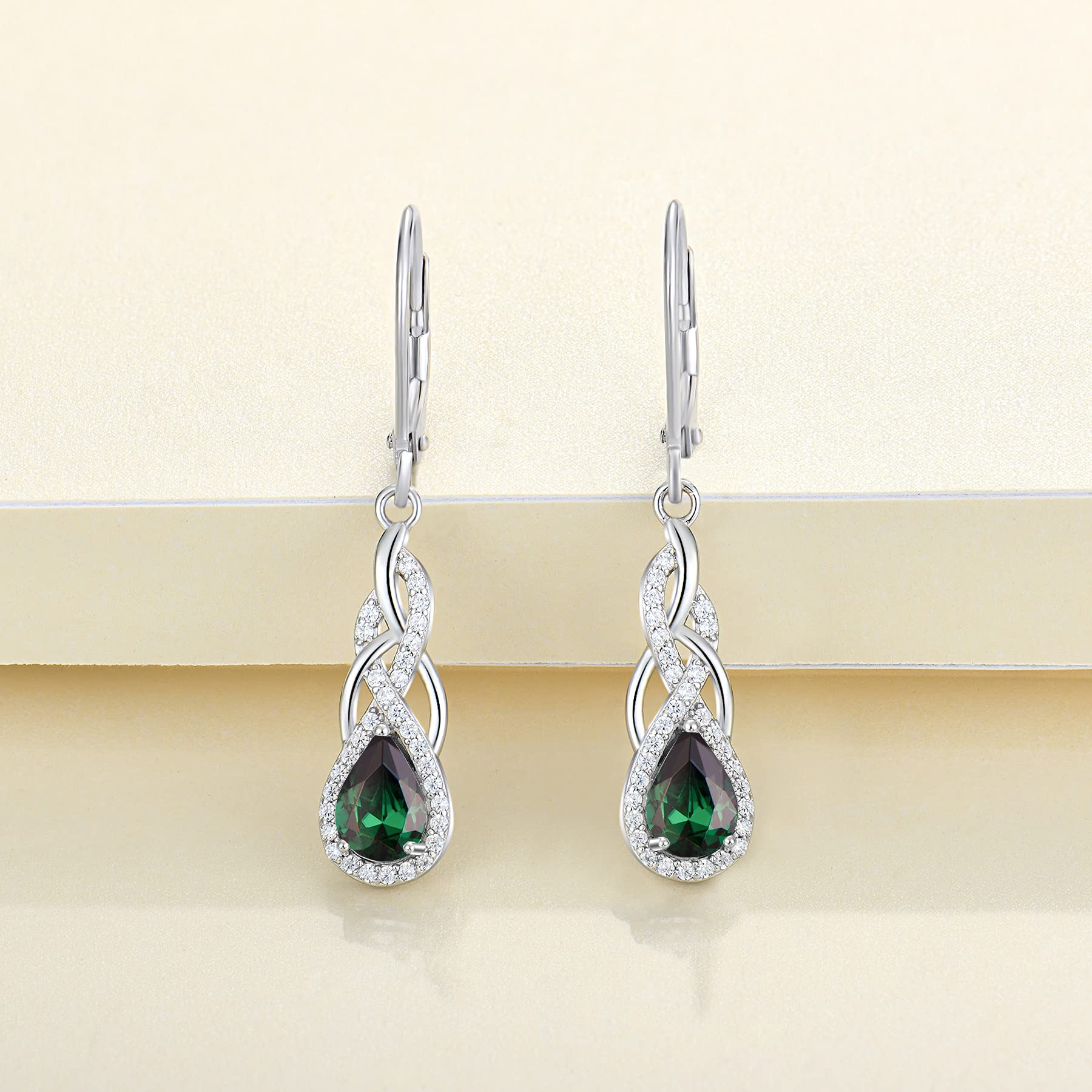 YL Celtic Knot Earrings 925 Sterling Silver Twist Dangle Drop Earring Created Emerald Infinity Leverback Jewelry for Women