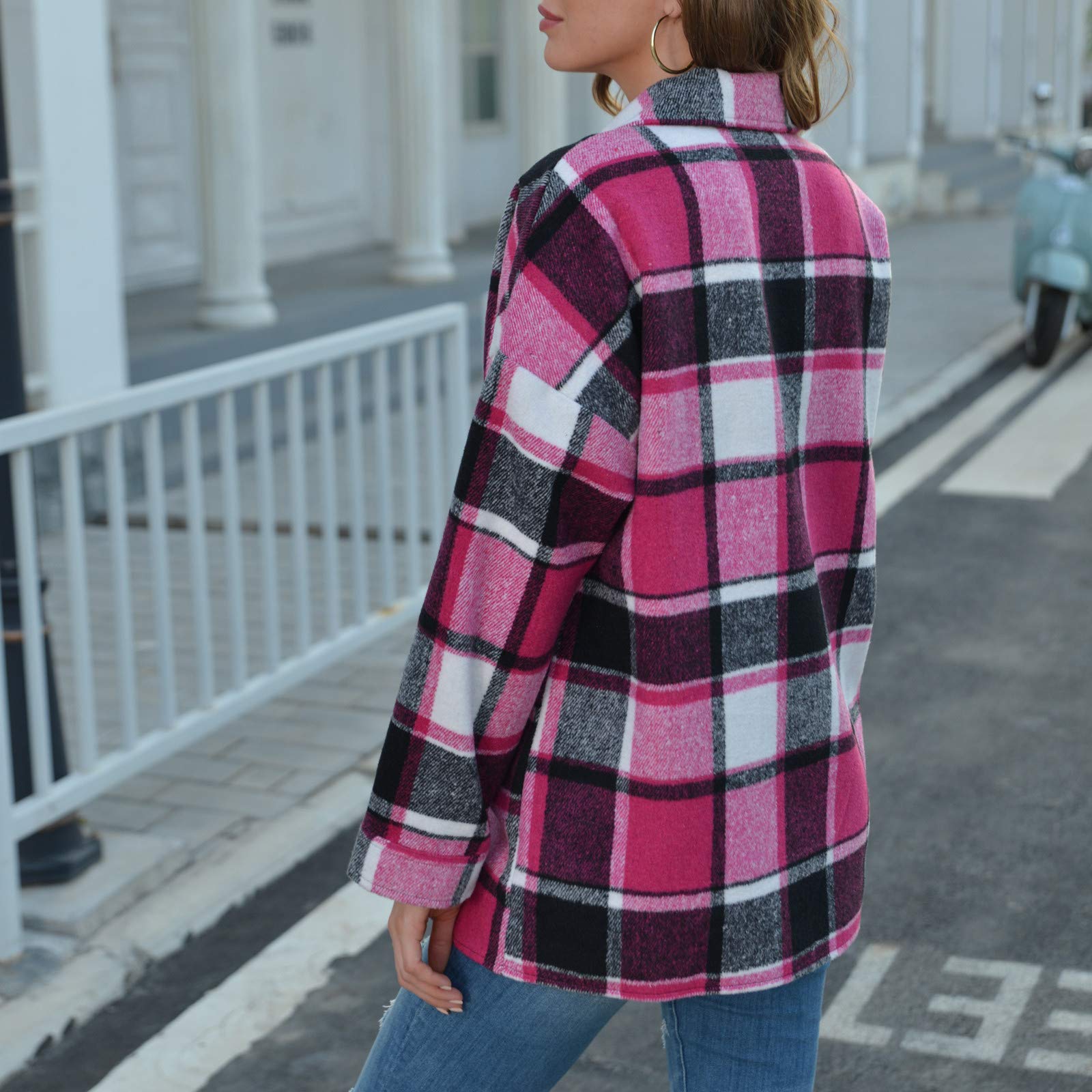 Women Flannel Shirts Plus Size, Women Plaid Long Shirt Button Down Collar Long Sleeve Oversized Shacket Jacket Hot Pink