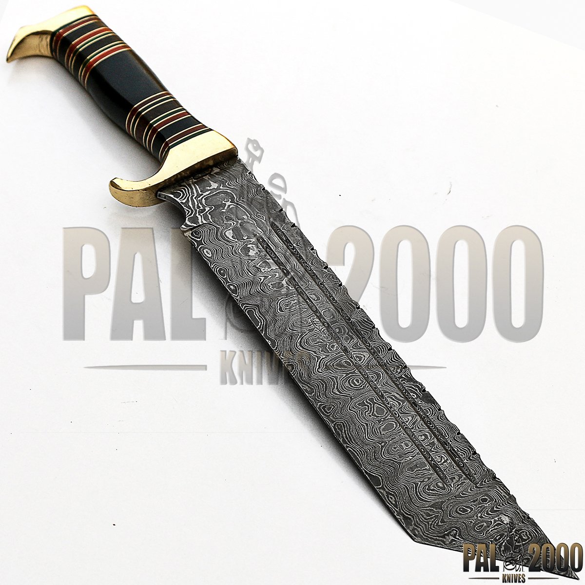 HTK-9228 Custom Handmade Damascus Steel Hunting Tanto Knife 15 Inches Buffalo Horn Handle Ladder pattern Blade with sheath